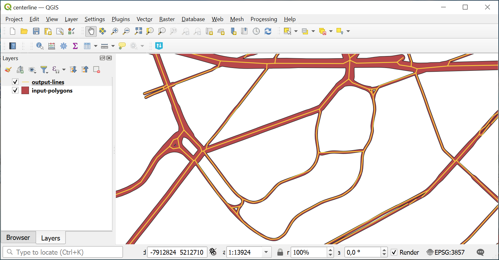 Central lines of polygons | NextGIS Toolbox